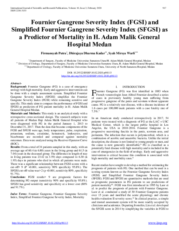 (PDF) Fournier Gangrene Severity Index (FGSI) and Simplified Fournier ...