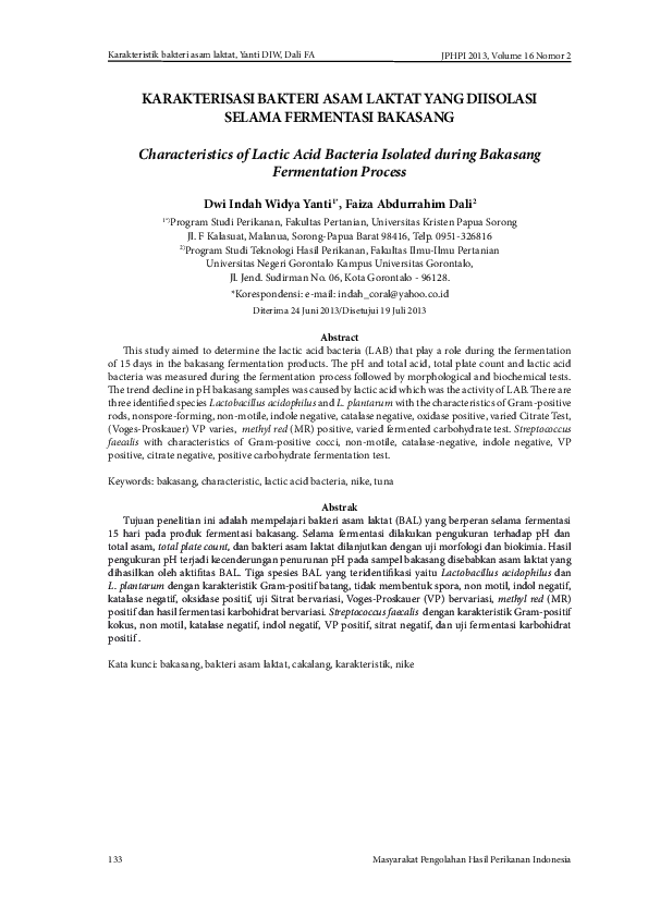 (PDF) Karakterisasi Bakteri Asam Laktat Yang Diisolasi Selama Fermentasi Bakasang