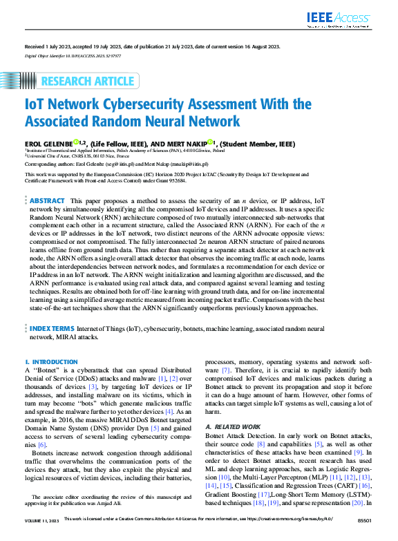 (PDF) IoT Network Cybersecurity Assessment With the Associated Random Neural Network