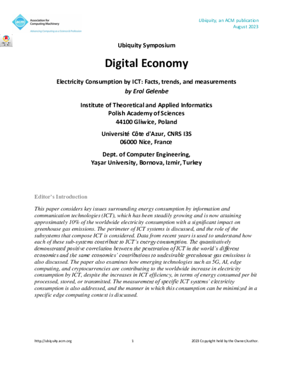 (PDF) Electricity Consumption by ICT: Facts, trends, and measurements