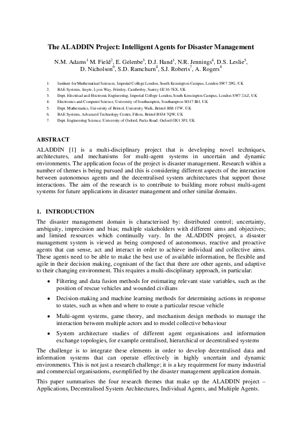 (PDF) The ALADDIN project : intelligent agents for disaster management