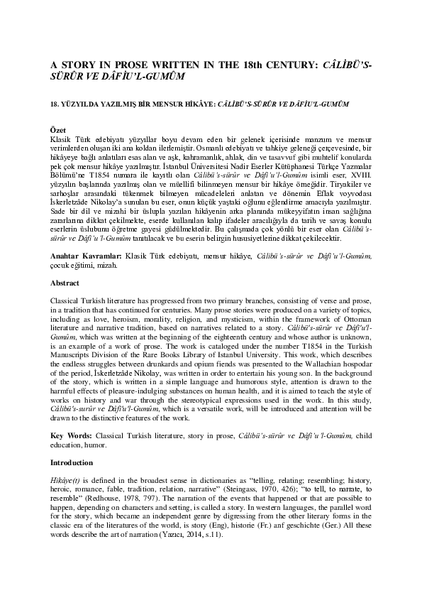 (PDF) An 18th-Century Prose Story: Câlibü’s-Sürûr ve Dâfièu’l-Gumûm