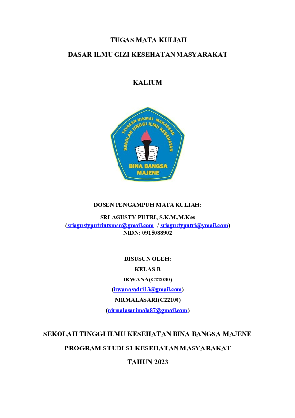 (DOC) TUGAS MATA KULIAH DASAR ILMU GIZI KESEHATAN MASYARAKAT KALIUM