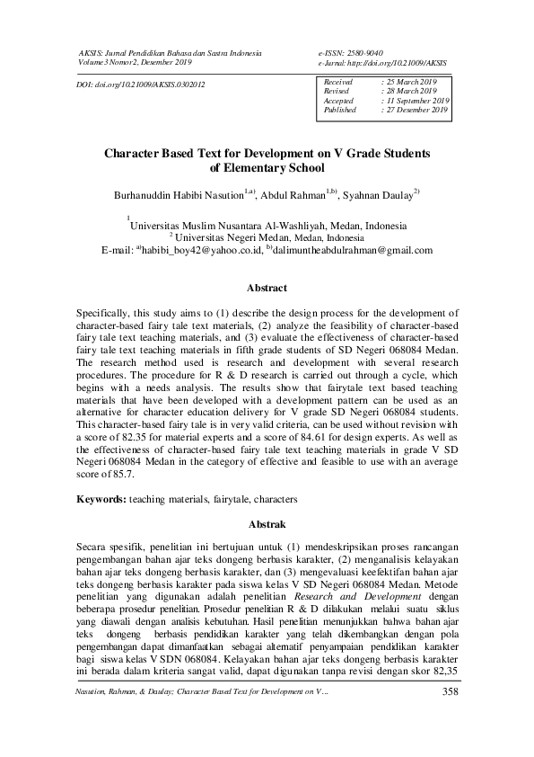 (PDF) Character Based Text for Development on V Grade Students of Elementary School