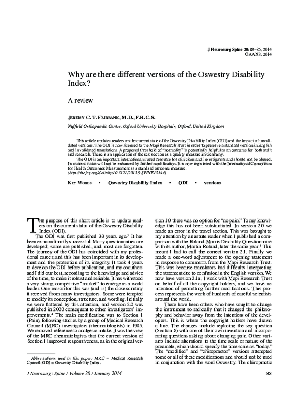 (PDF) Why are there different versions of the Oswestry Disability Index?