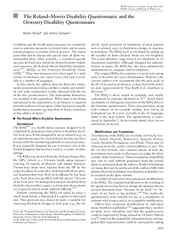 (PDF) The Roland–Morris Disability Questionnaire and the Oswestry ...