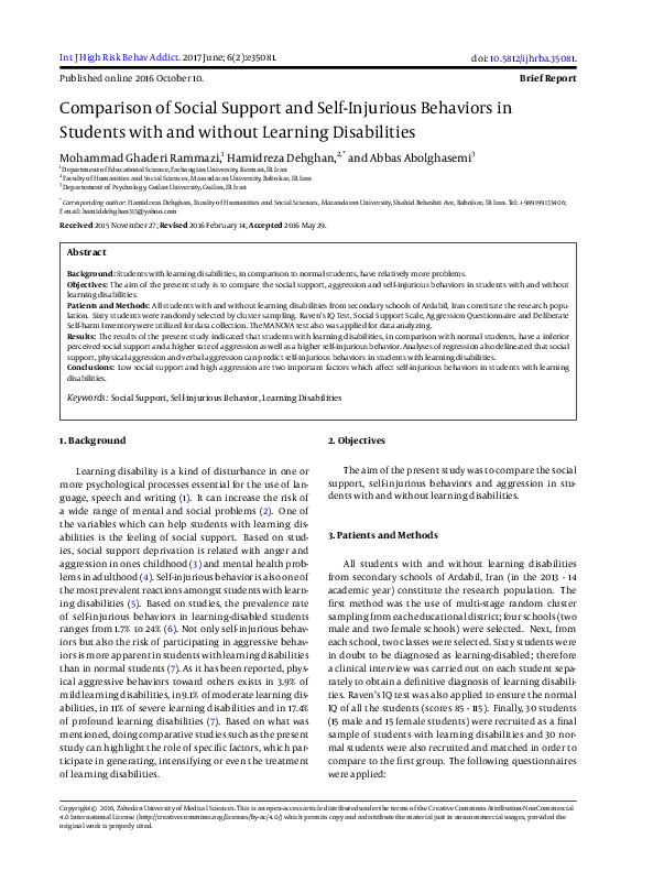 (PDF) Comparison of Social Support and Self-Injurious Behaviors in ...