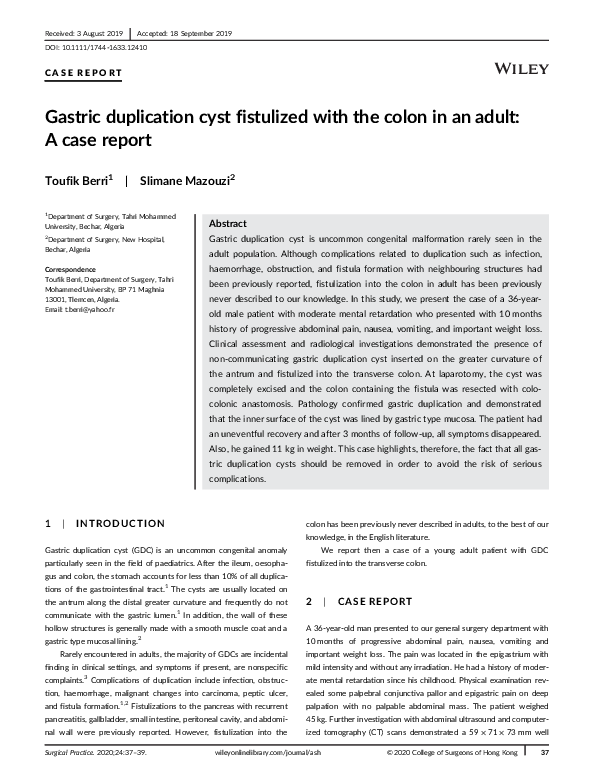 (PDF) Gastric duplication cyst fistulized with the colon in an adult: A ...