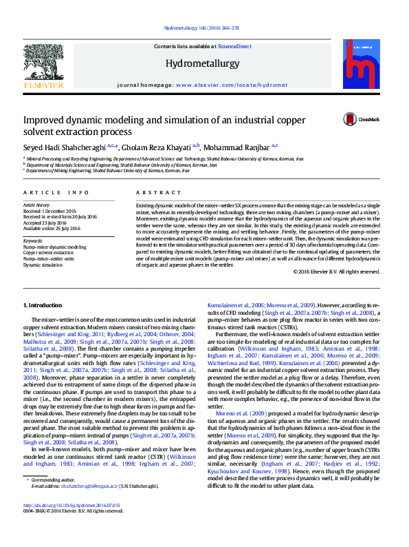 (PDF) Improved dynamic modeling and simulation of an industrial copper solvent extraction process