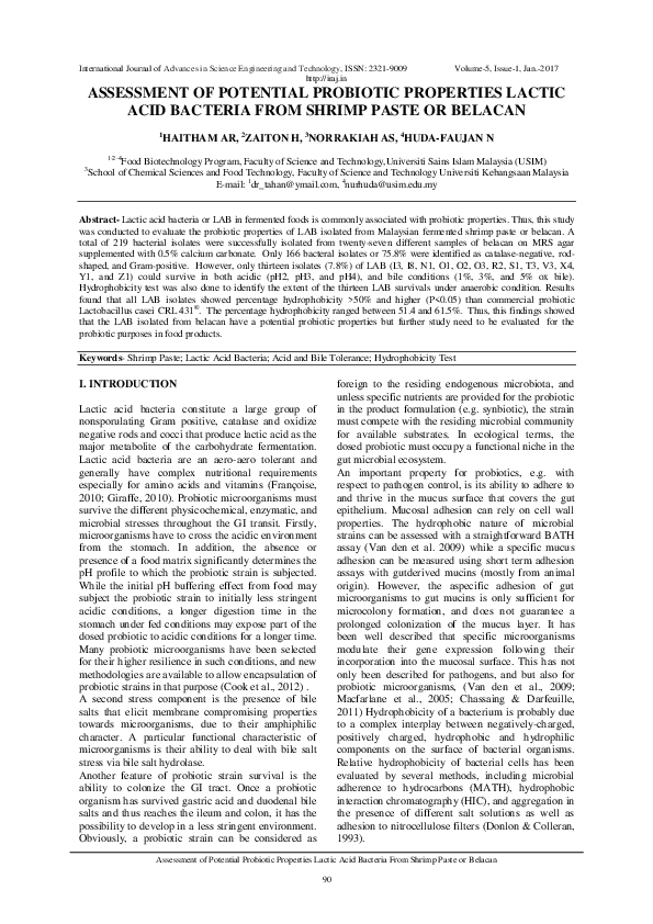(PDF) Assessment of Potential Probiotic Properties of Lactic Acid Bacteria and Yeast Strains