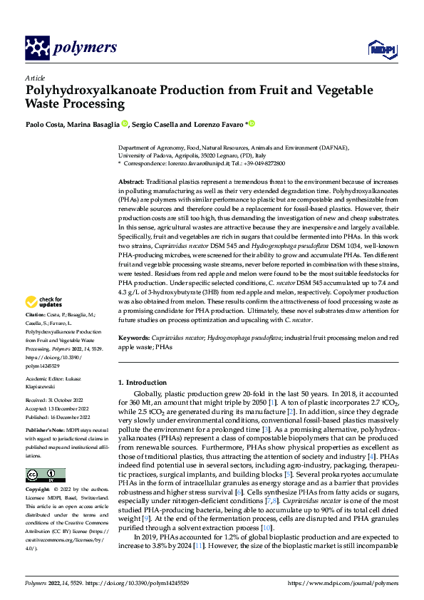(PDF) Polyhydroxyalkanoate Production from Fruit and Vegetable Waste Processing