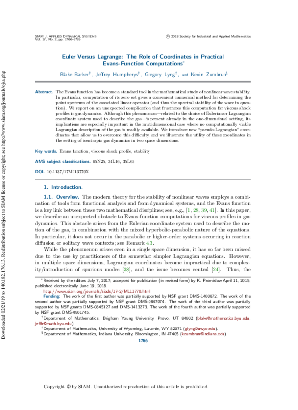 Pdf Euler Versus Lagrange The Role Of Coordinates In Practical Evans Function Computations