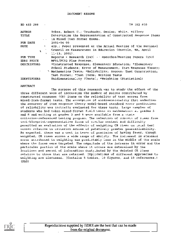 (PDF) Determining the Representation of Constructed Response Items in Mixed-Item Format Exams ...
