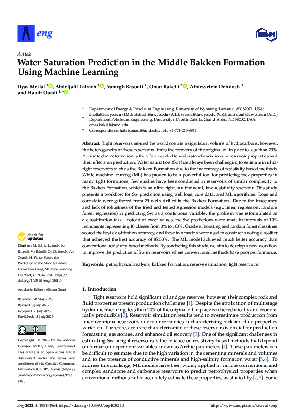 (PDF) Water Saturation Prediction in the Middle Bakken Formation Using Machine Learning