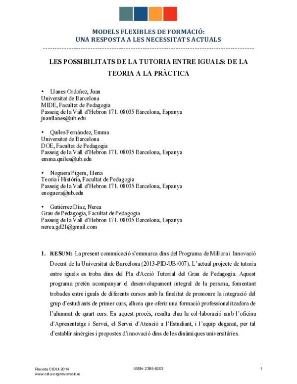 (PDF) Les possibilitats de la tutoria entre iguals: de la teoria a la pràctica