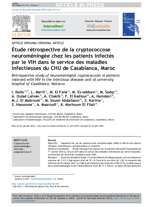 (PDF) Étude rétrospective de la cryptococcose neuroméningée chez les ...