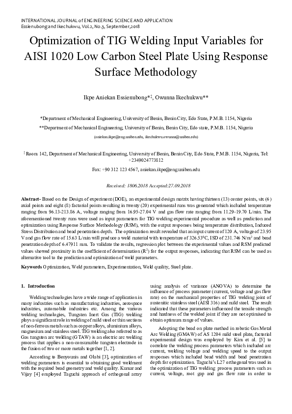 Pdf Optimization Of Tig Welding Input Variables For Aisi 1020 Low Carbon Steel Plate Using