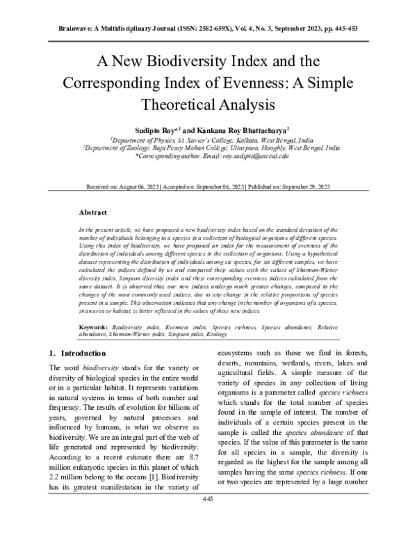 (PDF) A New Biodiversity Index and the Corresponding Index of Evenness ...