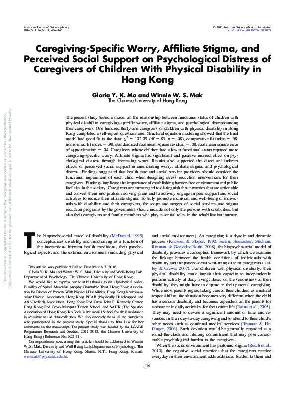 (PDF) Caregiving-Specific Worry, Affiliate Stigma, and Perceived Social ...