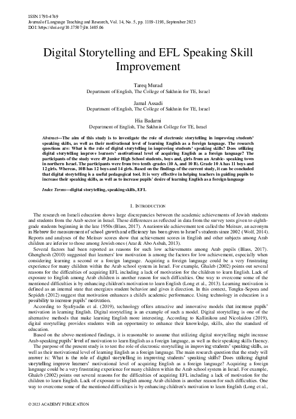 (PDF) Digital Storytelling and EFL Speaking Skill Improvement