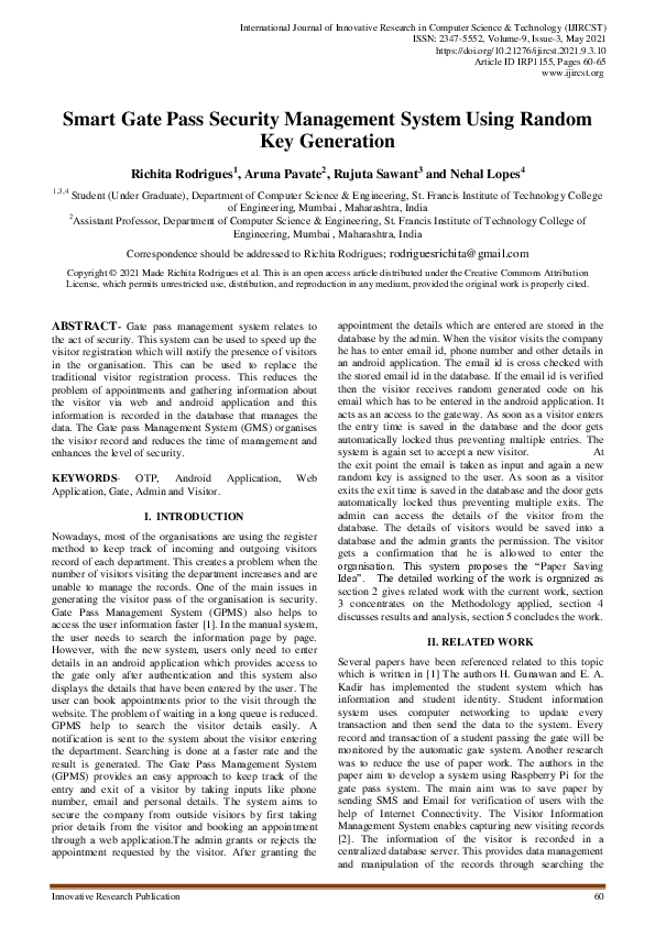 (PDF) Smart Gate Pass Security Management System Using Random Key ...