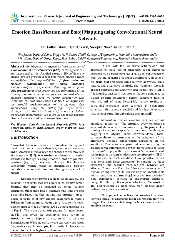 (PDF) Emotion Classification and Emoji Mapping using Convolutional Neural Network | Dr Lutful ...