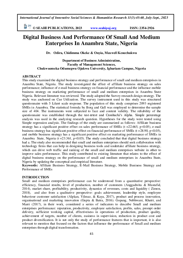(PDF) Digital Business And Performance Of Small And Medium Enterprises In Anambra State, Nigeria