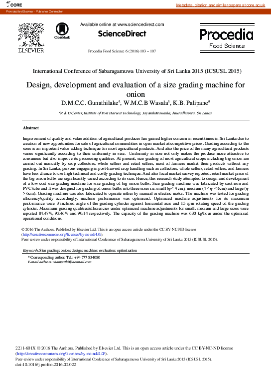 (PDF) Design, Development and Evaluation of a Size Grading Machine for Onion