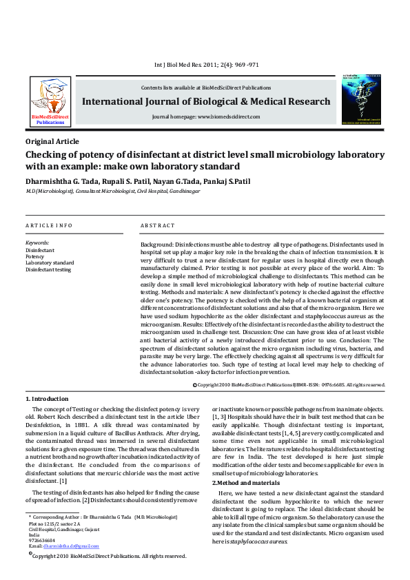Pdf Checking Of Potency Of Disinfectant At District Level Small Microbiology Laboratory With