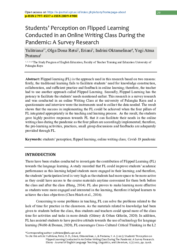 (PDF) Students’ Perception on Flipped Learning Conducted in an Online ...