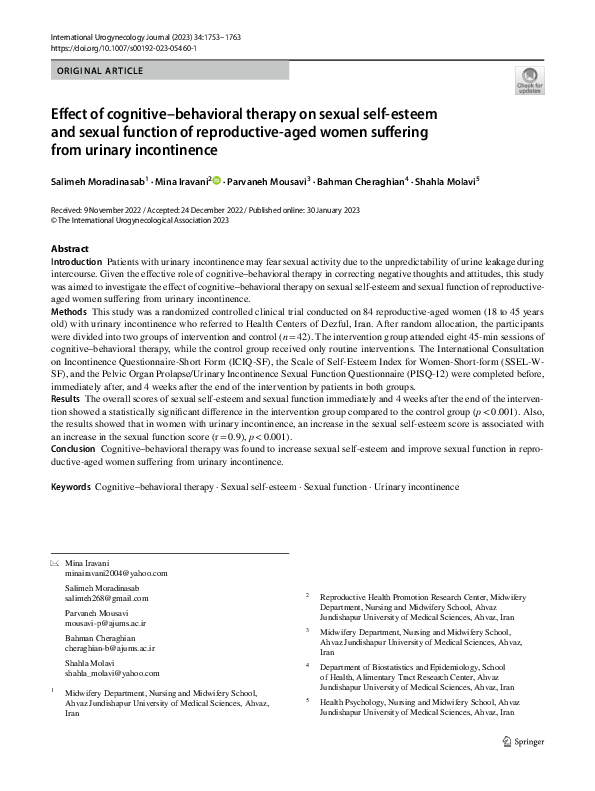 (PDF) Effect of cognitive–behavioral therapy on sexual self-esteem and sexual function of ...
