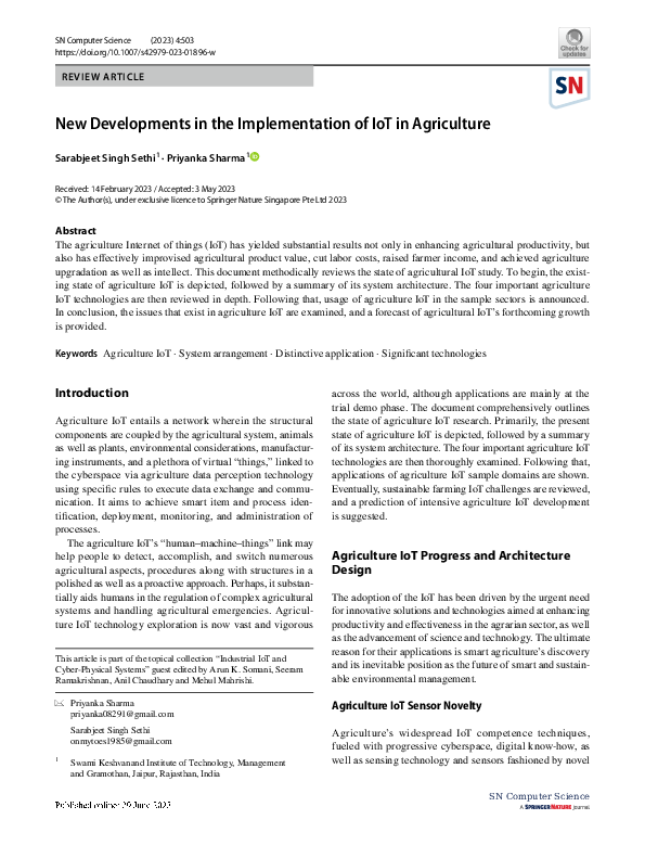 (PDF) New Developments in the Implementation of IoT in Agriculture