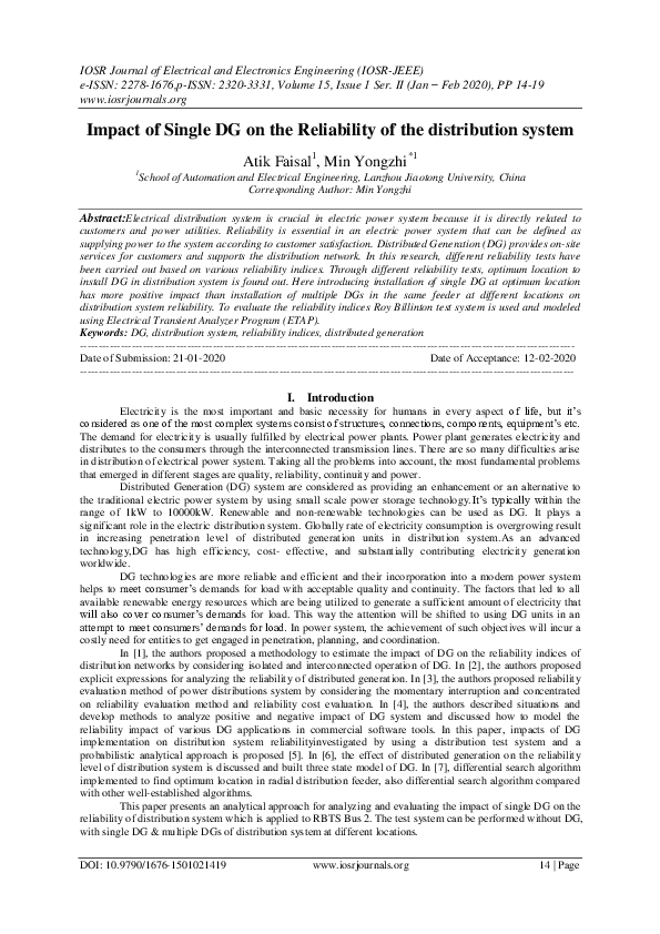 (PDF) Impact of Single DG on the Reliability of the distribution system ...