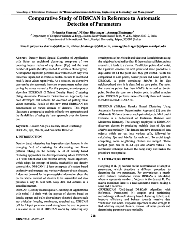 (PDF) Comparative Study of DBSCAN in reference to Automatic Detection of Parameters