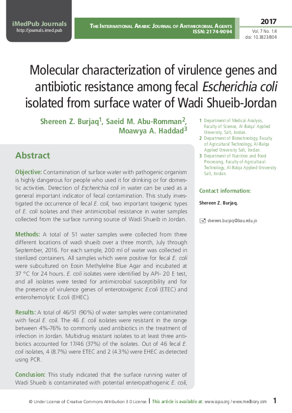 (PDF) Molecular characterization of virulence genes and antibiotic resistance among fecal ...