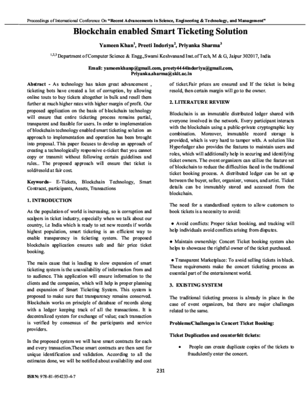 (PDF) Blockchain Enabled Smart Ticketing Solution