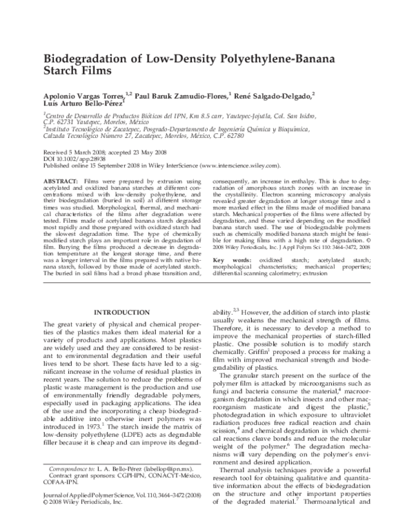 (PDF) Biodegradation of low-density polyethylene-banana starch films
