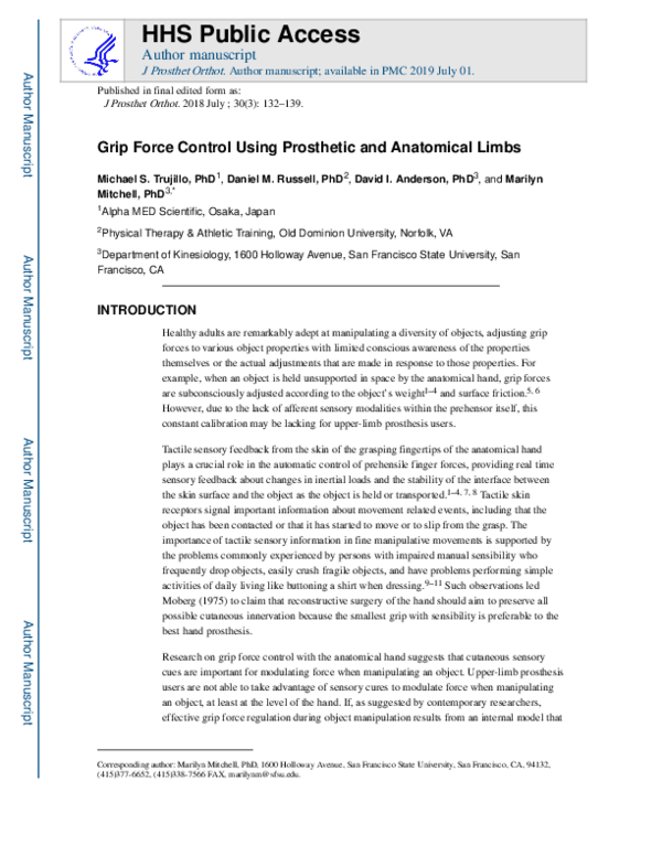 (PDF) Grip Force Control Using Prosthetic and Anatomical Limbs