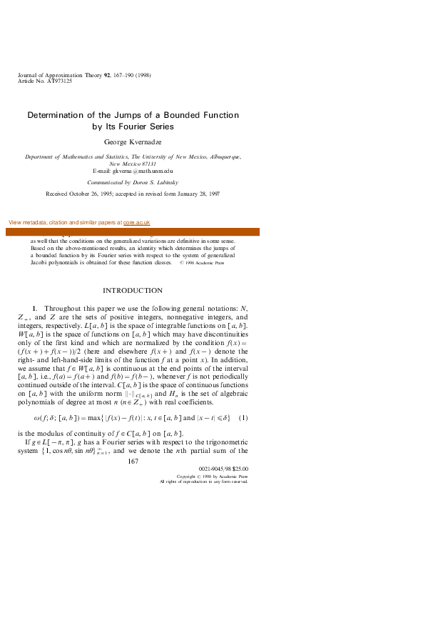 (PDF) Determination of the Jumps of a Bounded Function by Its Fourier Series