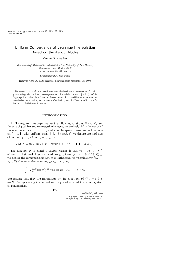 (PDF) Uniform Convergence of Lagrange Interpolation Based on the Jacobi Nodes