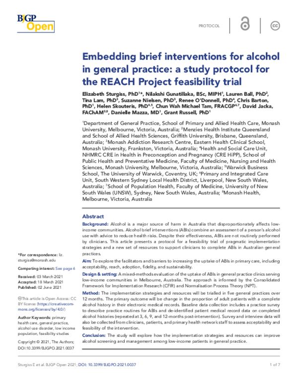 (PDF) Embedding brief interventions for alcohol in general practice: a study protocol for the ...