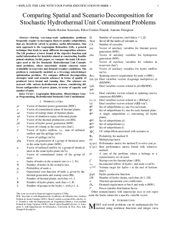 (PDF) Comparing Spatial and Scenario Decomposition for Stochastic Hydrothermal Unit Commitment ...