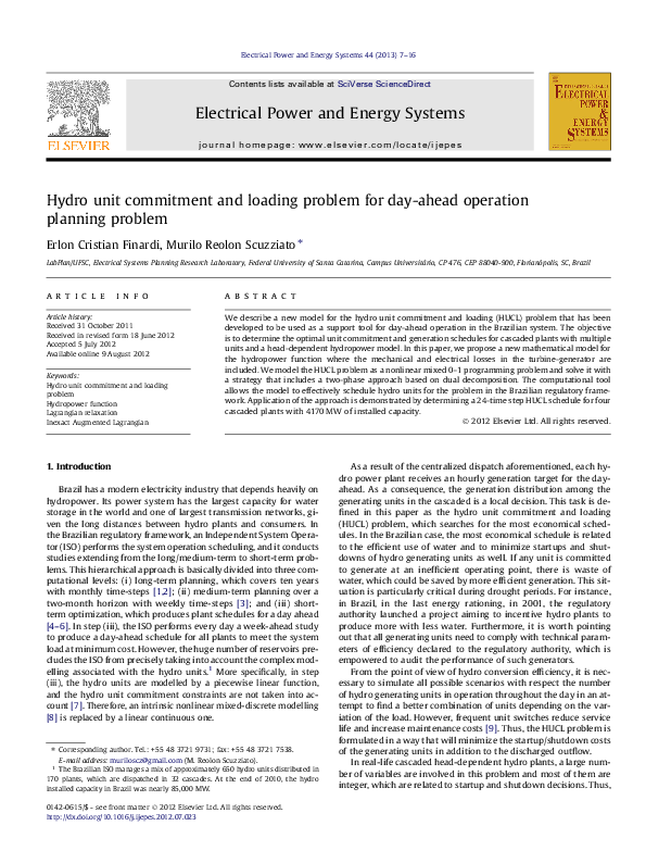 (PDF) Hydro unit commitment and loading problem for day-ahead operation planning problem