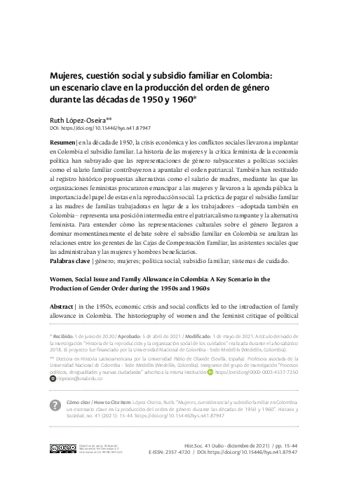 (PDF) Mujeres, cuestión social y subsidio familiar en Colombia: un escenario clave en la ...