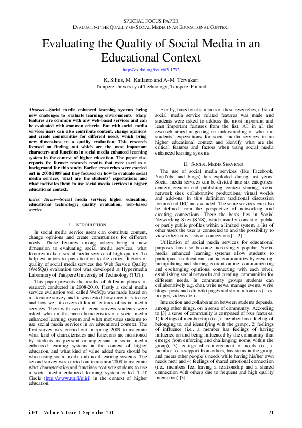 (PDF) Evaluating the Quality of Social Media in an Educational Context