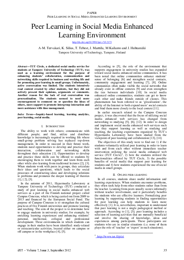 (PDF) Peer Learning in Social Media Enhanced Learning Environment