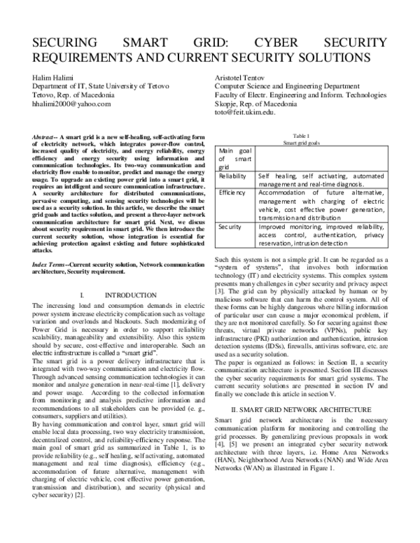 (PDF) Securing Smart Grid : Cyber Security Requirements and Current Security Solutions