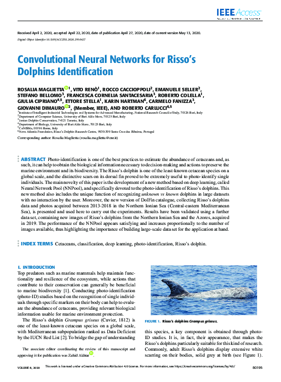 (PDF) Convolutional Neural Networks for Risso’s Dolphins Identification | Karin Hartman ...