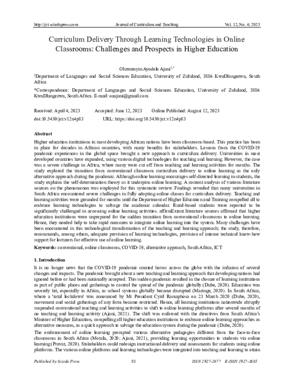 (PDF) Curriculum Delivery Through Learning Technologies in Online ...