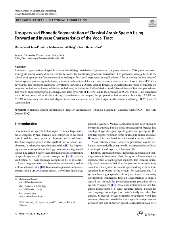 (PDF) Unsupervised Phonetic Segmentation of Classical Arabic Speech Using Forward and Inverse ...